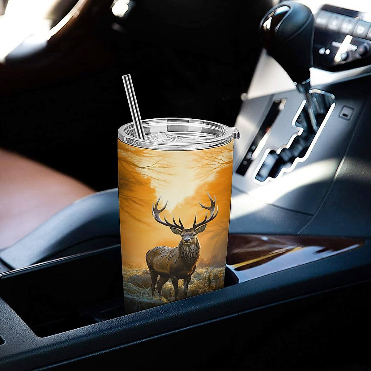 ZXDSKGYN 20 Oz Tumbler With Straw Leak Proof Thermos Cup, Deer In Forest Stainless Steel Insulated Travel Coffee Mug Fit for Car Cup Holder