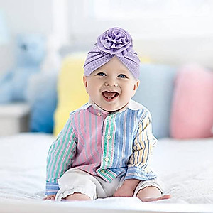 Cinaci 8 Pack Solid Striped Nursery Hospital Turban Hats with Flower Floral Caps Beanies Bonnets for Baby Girls Toddlers Infants