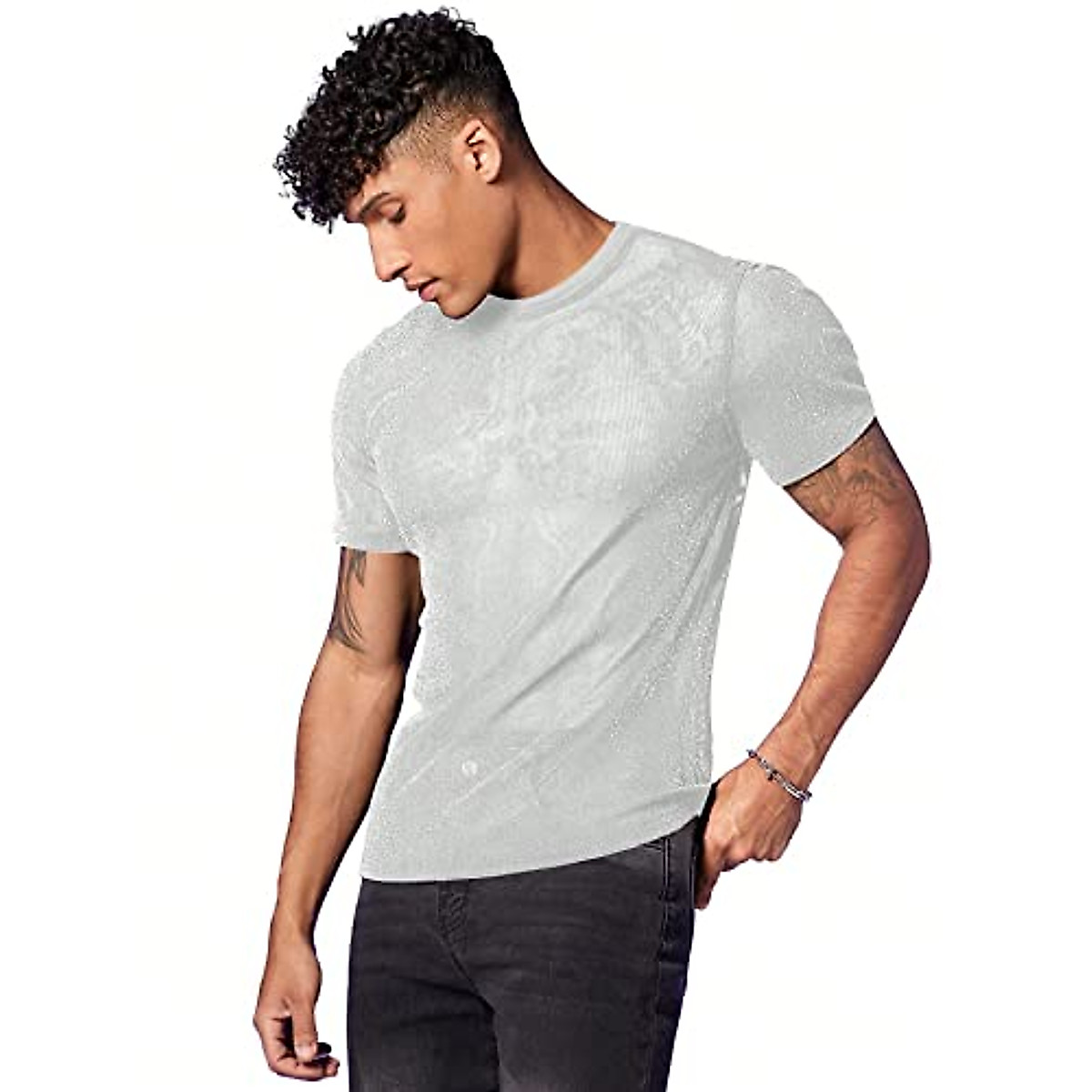 WDIRARA Men's See Through Short Sleeve Round Neck Sheer T Shirt Party Clubwear Top White M