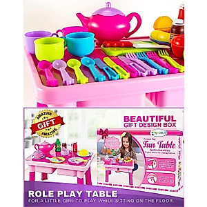50-PCS Foldable Toy Table with Play Dishes and Tea Set for Little Girls - Kitchen Accessory Toys with Play Dish Sets, Play Food, Cutting Fruits, Toy Knife & Utensils | Gift for Toddler Girl