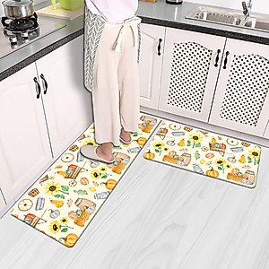 Colorful Star Pumpkin Sunflower Kitchen Mats for Floor 2 PCS Yellow Leather Kitchen Rug Set Waterproof Non-Slip Anti Fatigue Mat for Kitchen Laundry Decor 17"x29"+17" x47 Sunflower Pumpkin Harvest