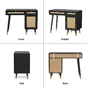 Anmytek Rattan Vanity Desk with Drawers and Storage, Black Makeup Vanity Table Modern Home Office Desk Computer Desk for Study D0005