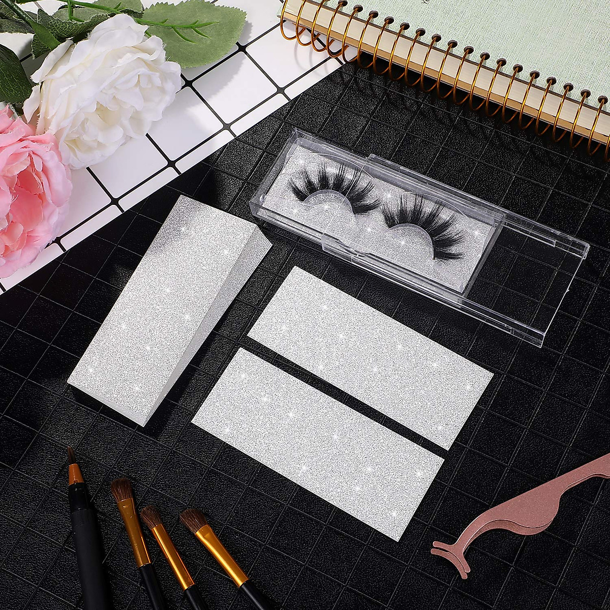 Blulu 50 Pieces Lash Box Internal Glitter Background Paper Rectangle Glitter Cardstock for False Eyelashes Storage Box lashes Case Holder Makeup Cosmetic Container, No Eyelashes Box