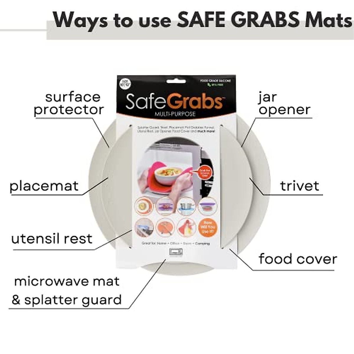 Safe Grabs: Multi-Purpose Silicone Original Microwave Mat as Seen on Shark Tank | Splatter Guard, Trivet, Hot Pad, Pot Holder, Minimize Mess (BPA-Free, Heat Resistant, Dishwasher Safe), Set of 2 Gray