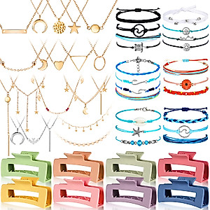 49 Pcs Jewelry Set for Teen Girls - Bracelets, Necklaces, Hair Clips in Silver, Gold - Surfer, Layered, Charming Summer Accessories