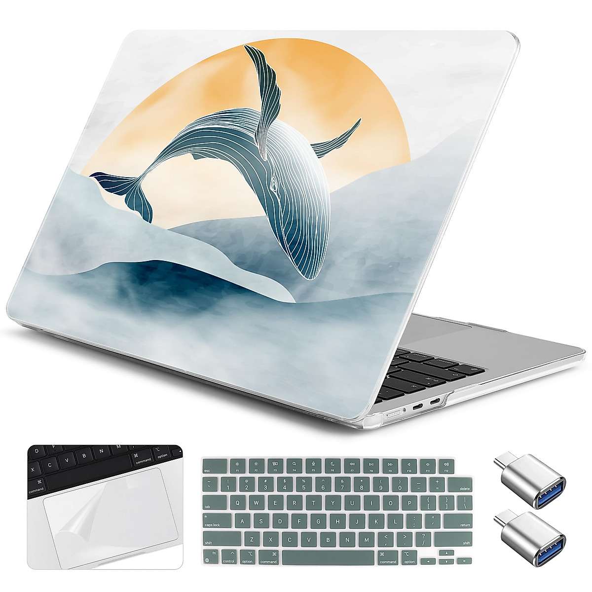 Yebiseven Case for MacBook Air 15 inch M3/M2 2024 2023 Released Model A3114/A2941, Plastic Hard Shell Laptop Case with Keyboard Cover & Trackpad Film & 2 OTG Adapters, Art Whale