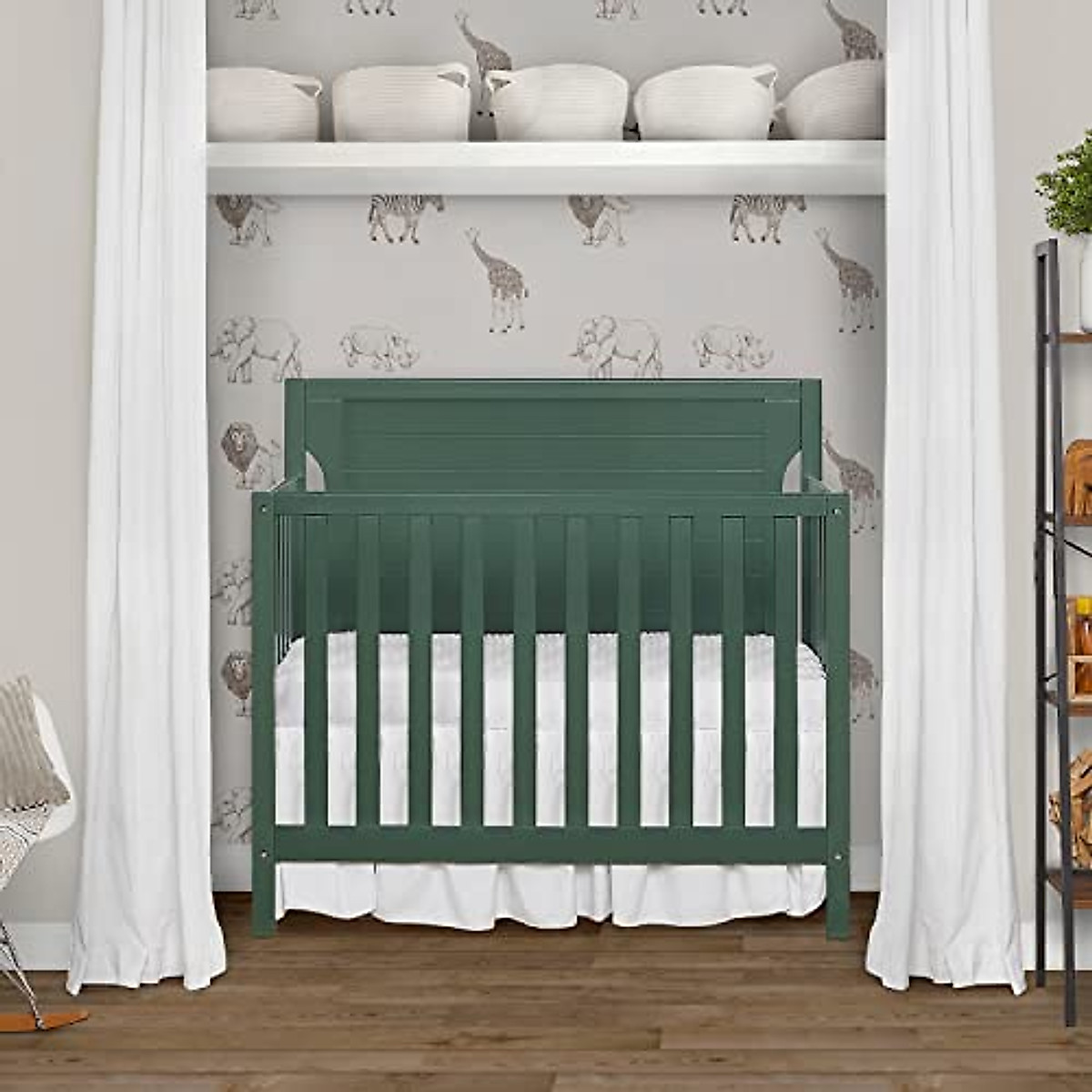 Dream On Me Bellport 4 in 1 Convertible Mini/Portable Crib In Safari Green, Non-Toxic Finish, Made of Sustainable New Zealand Pinewood, With 3 Mattress Height Settings