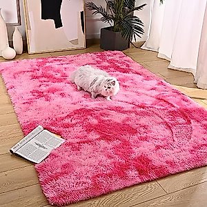 Vocrite Pink Area Rug for Girls Bedroom, Fluffy Shag Rugs for Living Room, Shaggy Furry Fuzzy Faux Fur Rug for Nursery Kids Room, Cute Pink Home Decor for Dorm Playroom 4x6 Ft, Hot Pink