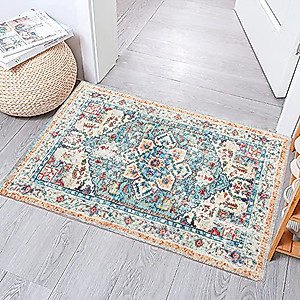GEVES Cream Green Boho Area Rug Persian Oriental 2x3 Entryway Rugs for Bedroom Kitchen Bathroom Decor Doormat Washable Indoor Use Non-Slip Rubber Backing