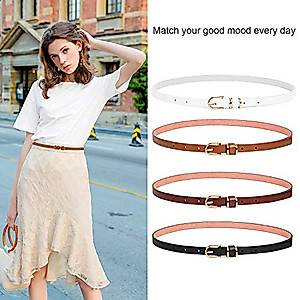 SANSTHS Set of 4 Womens Thin Belts Skinny Leather Belt with Gold Alloy Buckle (Black Brown Coffee White, S) ?-