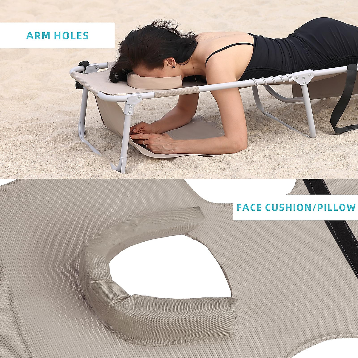 HBWHBW Tanning Chair with Face & Arm Hole- Chaise Lounge Beach Chair for Outdoor Pool, Sunbathing and Reading on Stomach- Versatile Folding Lounger for Tanning (Beige Textilene)