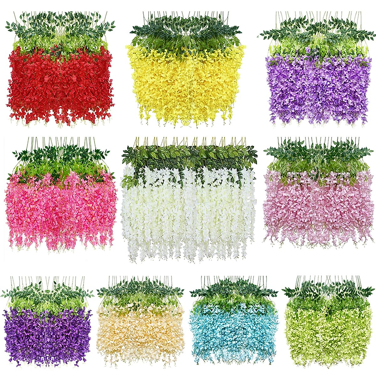 WONICE Artificial Flowers Hanging Flowers, Fake Wisteria Flower Garland Silk Vines Rattan String Decor for Home Wedding Arch Wall Garden Greenery Bedroom Outdoor Office Party Decoration (48 Pack)