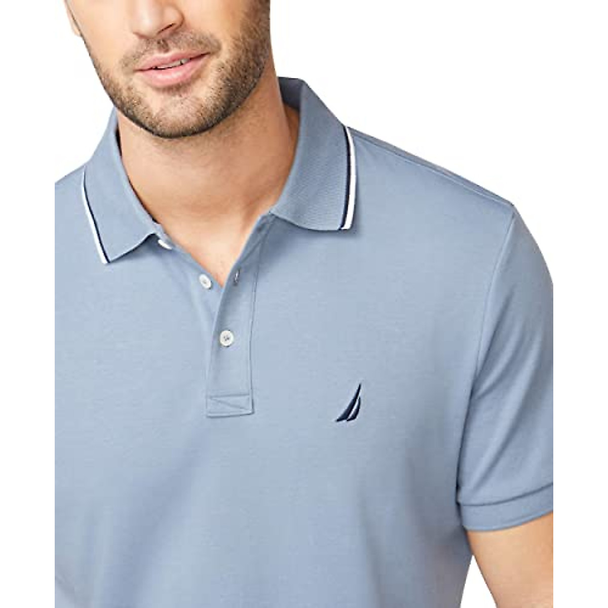 Nautica Men's Classic Fit Short Sleeve Dual Tipped Collar Polo Shirt, Lake City Blue, Large