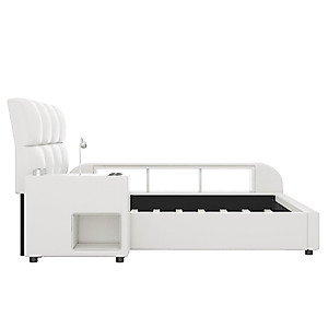 EOVTK Queen Size Upholstered Platform Bed with Built-in Multimedia Nightstand and Storage Shelves, Faux Leather Platform Bed Frame with 2 Cup Holders, Light and Charging Station, White