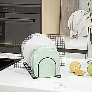 JAQ Pot Lid Rack Organizer, 13.5'' Kitchenware Dividers Holder for Plates, Pans, Cutting Boards, Muffin Tins, Baking Sheets in Cabinets Shelf Countertop Pantry ( Black, 8-Slot)