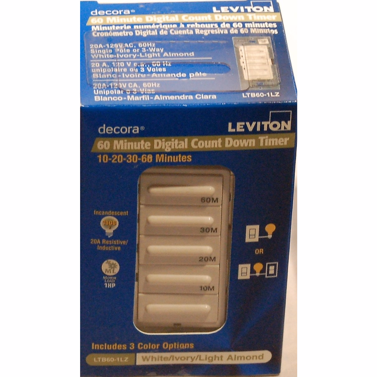 Leviton LTB60-1LZ Decora 1800W Incandescent/20A Resistive-Inductive 1HP Preset 10-20-30-60 Minute Countdown Timer Switch, White/Ivory/Light Almond faceplates included