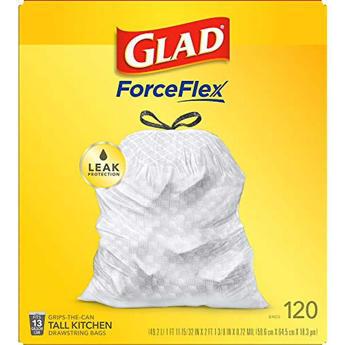 GLAD ForceFlex Tall Drawstring Trash Bags, 13 Gallon White Trash Bags for Tall Kitchen Trash Can, Unscented Leak Protection Bags, 120 Count - Packaging May Vary
