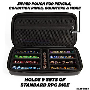 CASEMATIX Dice Box and Card Case for 9 Sets of RPG Dice, Spell Cards, Counters and Other Accessories - Hard Shell Dice Holder with Embossed Dragon Design, Carry Handle and Dice Tray Functionality