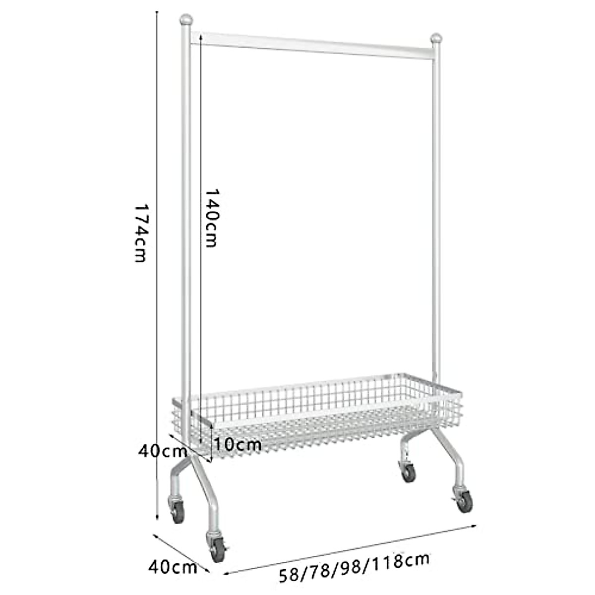 ARALEL Garment Rack Silvery Metal Clothing Rack On Wheels Heavy Duty Garment Rack with Storage Basket Sturdy Clothes Rail for Hanging Clothes Space Saving Coat Rack for Bedroom(Size:58X40X174CM)