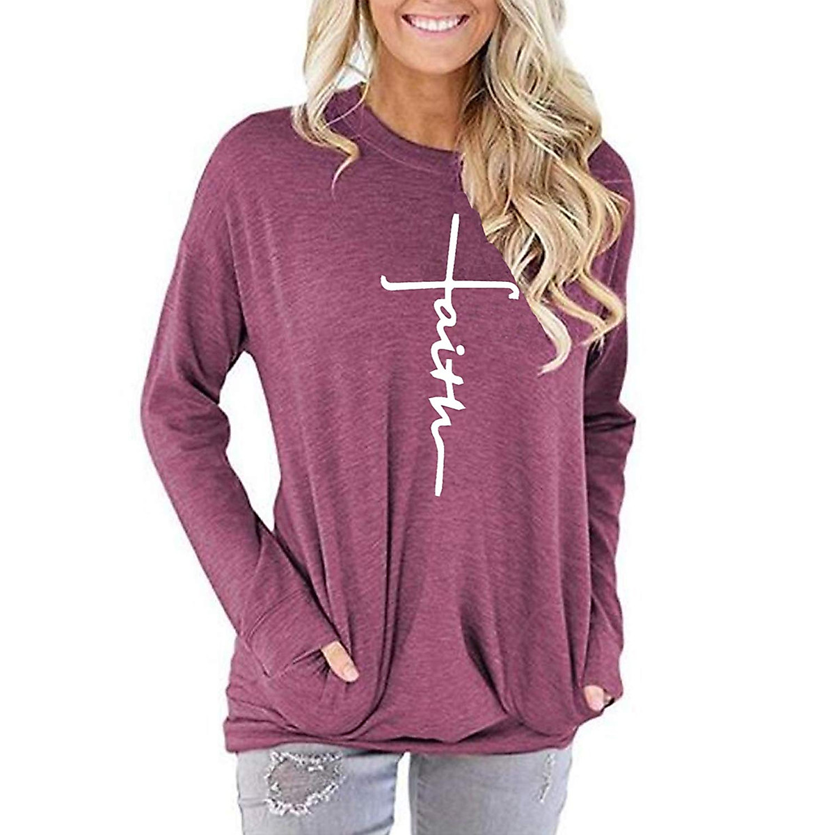 Mansy Women's Faith Sweatshirt Loose Fit Long Sleeve Crewneck Christian Letter Print Tunic Tops with Pocket