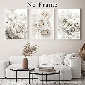 White Rose Canvas Wall Art White Flowers Picture for Living Room Bedroom Peony Flower Paintings White Floral Canvas Wall Art Abstract White Flower Wall Art Modern Flower Pictures 16x24inchx3 No Frame