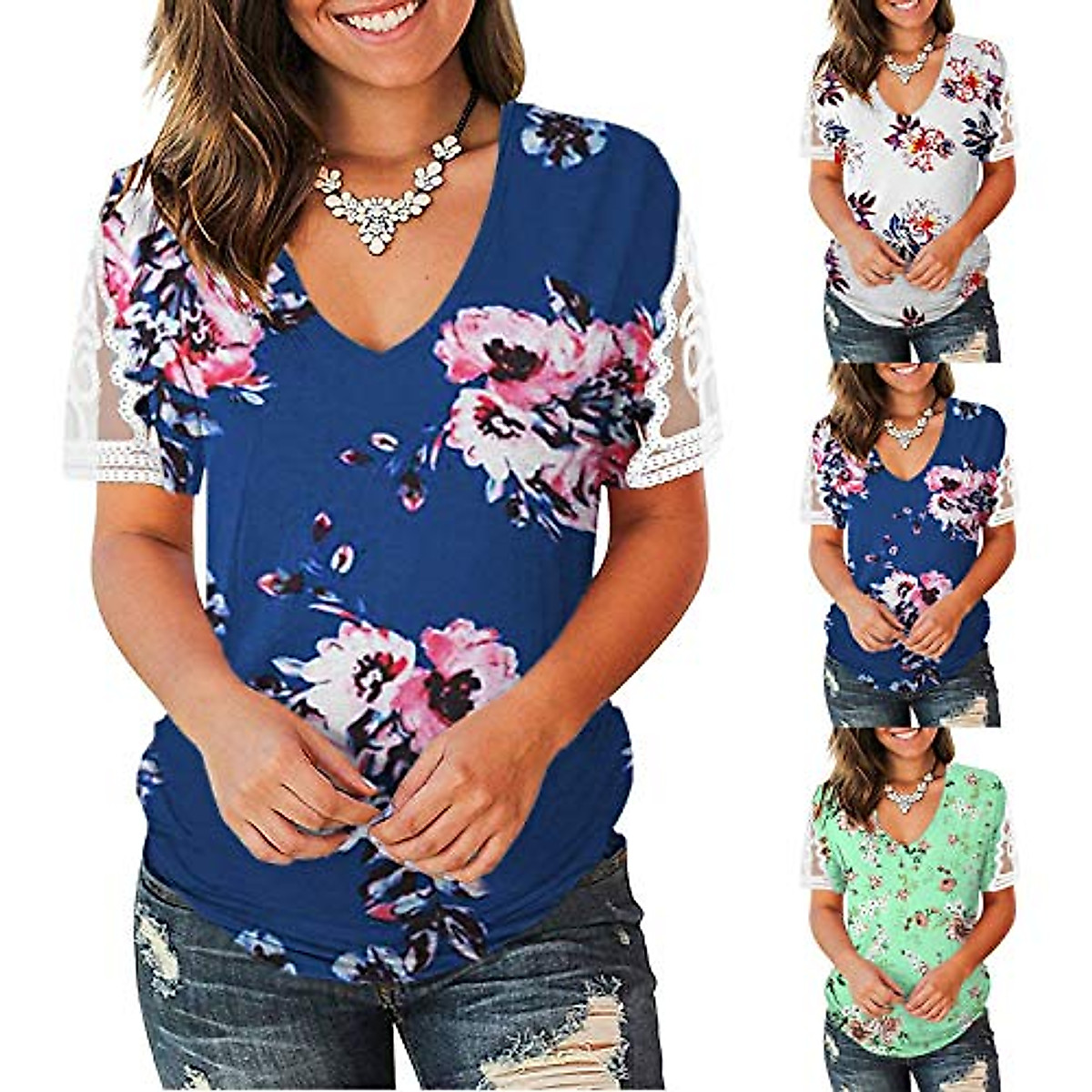 wodceeke Women's Lace Short-Sleeved Floral T-Shirt V-Neck Plus Size Stitching Tee Summer Casual Sports Top (Green, XL)