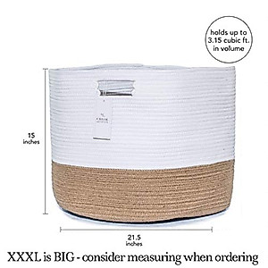 Chloe and Cotton XXXL Extra Large Woven Rope Storage Basket 15 x 21 inch Jute White Handles | Decorative Laundry Clothes Hamper, Blanket, Towel, Baby Nursery Diaper, Toy Bin Cute Collapsible Organizer