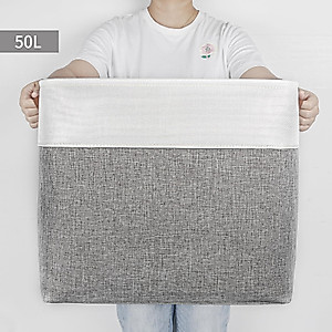 Bagnizer Large Fabric Storage Baskets | 50L Storage Bins, Decorative Linen Closet Baskets with Handles for Organizing, Shelf, Toys, Clothes, Home, Office, Nursery, 17x12x15Inches (Grey&White)