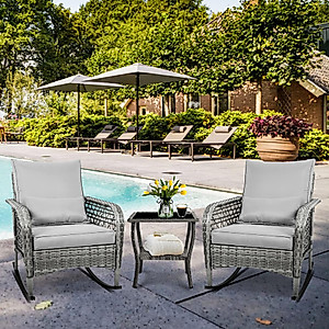 CIRMUBUY 3-Piece Outdoor Furniture Set, Patio Conversation Chair, Wicker Cushioned Patio Rocker with Side Table for Porch, Garden, Poolside & Deck, Light Grey