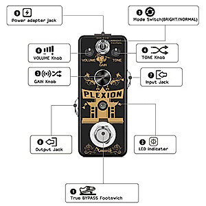 Amuzik Plexion Distortion Pedal for Guitar & Bass with Bright and Normal Mode True Bypass, AK-324
