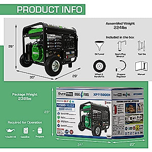 DuroMax XP11500EH Electric Start-Home Back Up & RV Ready, 50 State Approved Dual Fuel Portable Generator-11500 Watt Gas or Propane Powered, Green and Black