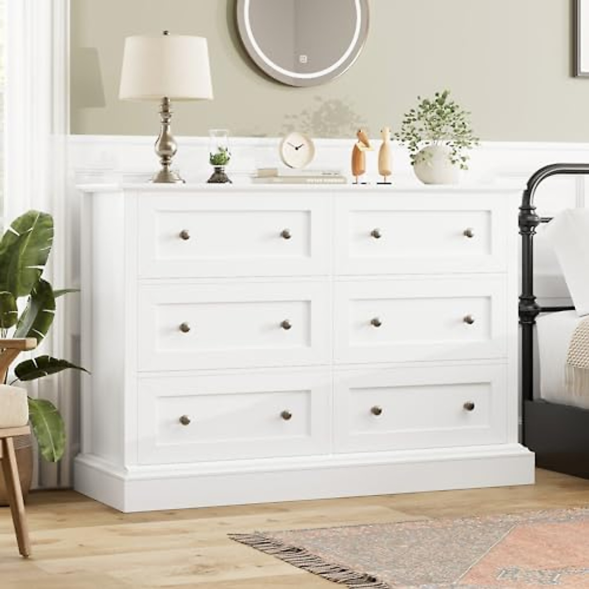 FACBOTALL Modern 6 Drawer Double Dresser, White Dresser Wood Dresser, Wide Chest of Drawers with Deep Drawers & Mental Double Handles for Hallway Living Room