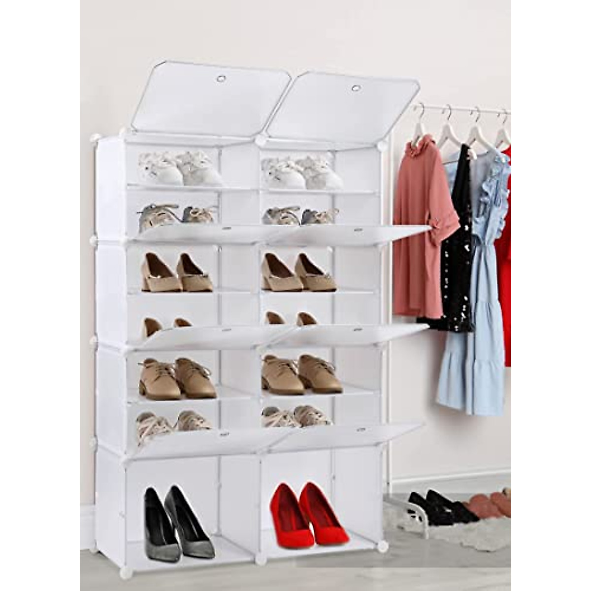 ASDET U&I Shoe Rack Organizer, 7 Tier Shoe Storage Cabinet 28 Pair Plastic Shoe Organizer 14 Grids Shoe Shelves for Closet Hallway Bedroom Entryway, White