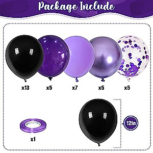 Purple and Black Balloons, 12 Inch Dark Purple Light Purple Black Balloons with Metallic Purple Confetti Latex Balloon Set for Girls Women Halloween Birthday Bridal Shower Wedding Party Decorations