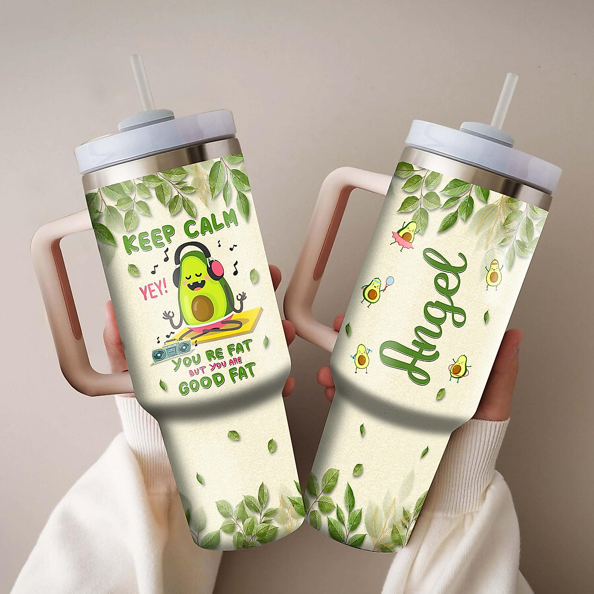 WAZONE Personalized Avocado Tumbler Cup With Lid Custom Name Tumbler 40oz with Handle and Straw Travel Mug Cute Exercise Yoga Cups With Funny Sayings Gift For Fitness Enthusiast Women Girls