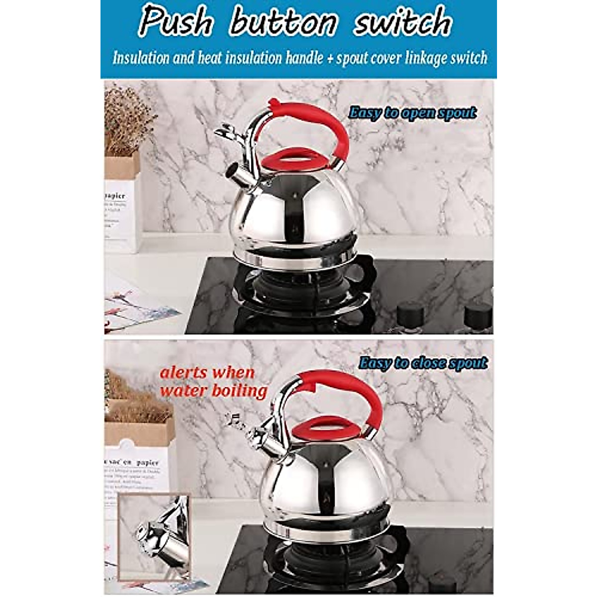 Stovetop Tea Kettle Whistling Teapot Tea Kettle Stainless Steel Whistling Kettle 3L Hot Water Boiler Kettle Kitchen Stovetop Hot Kettle Tea Kettle Teapot Stove Top Kettle Tea Pot ( Color : Red , Size