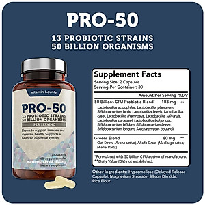 Vitamin Bounty Pro-50 Probiotic - 50 Billion Organisms and 13 Probiotic Strains That Promote Gut Health, Digestive Health Probiotic, Delayed Release Capsule with Prebiotic Greens - 60 Capsules