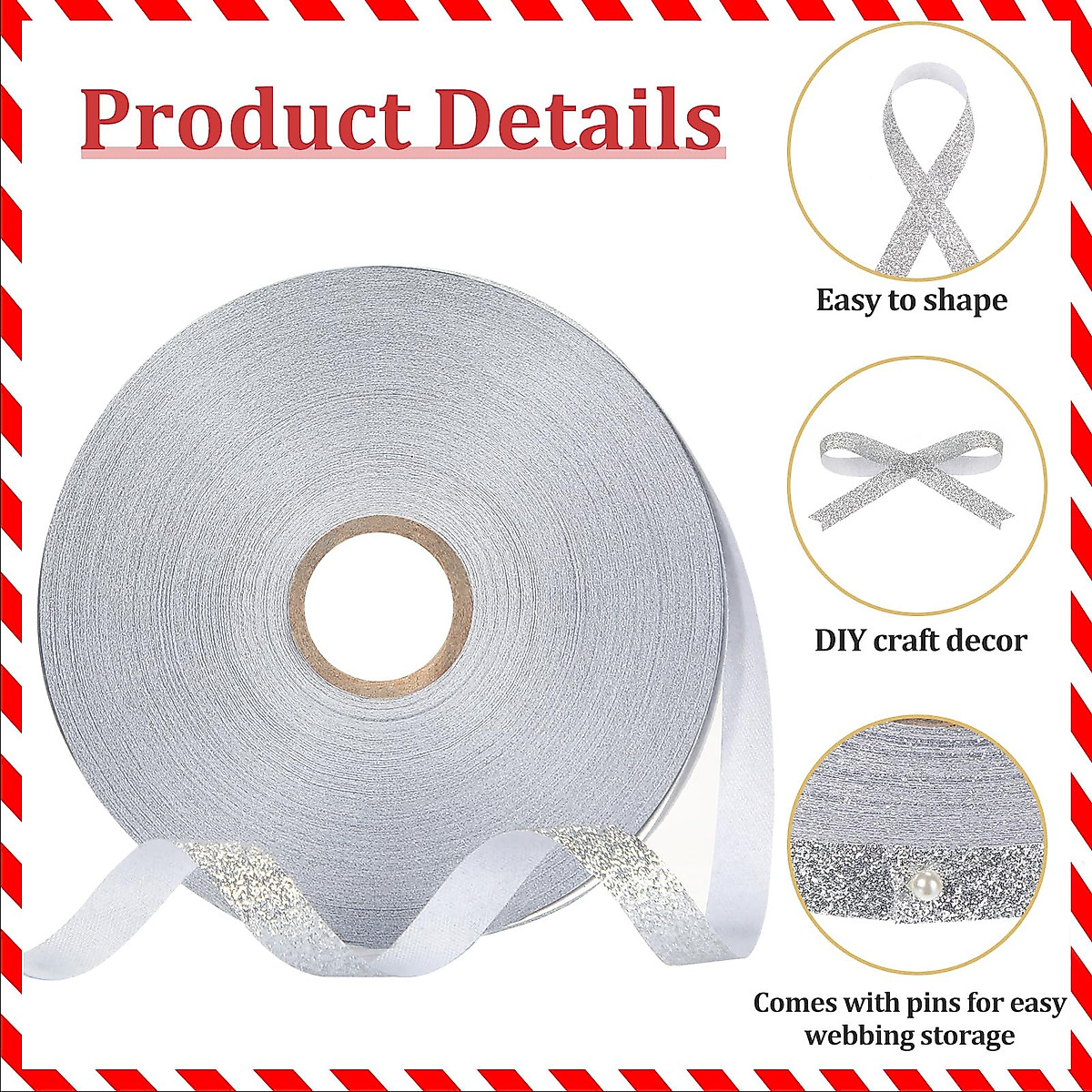 Syhood 50 Yards Valentines Glitter Ribbon Wrapping 3/8 Wide Sparkle Waterproof Sparkly Ribbon Balloon String for DIY Craft Wrapping Wedding Valentine‘s Day Decoration(Sliver)