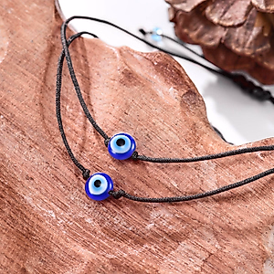 Shonyin Handmade Evil Eye Bracelets Set with Card Red String Bracelet Kabbalah Protection Luck Amulet for Women Men Father's Day Family Friends (B-Black Rope-Blue Eye)
