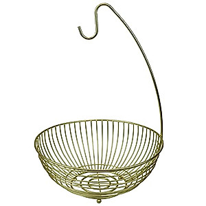 Linen Store Fruit Bowl, Wire Basket with Banana Holder Hook Kitchen Counter Top Organizer Perfect for Storing Fruits, Veggies, Pastries Sturdy Steel - Gold