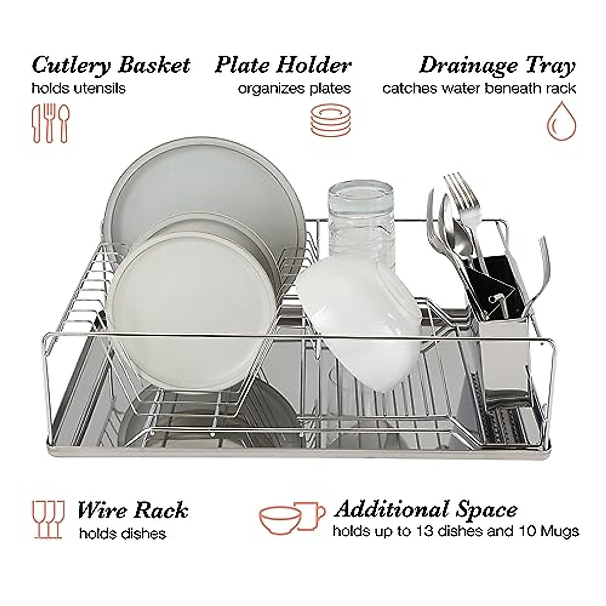 Kitchen Details 3 Piece Dish Rack | Drain Tray | Cutlery Holder | Countertop | Organizer | Holds 13 Dishes | Chrome