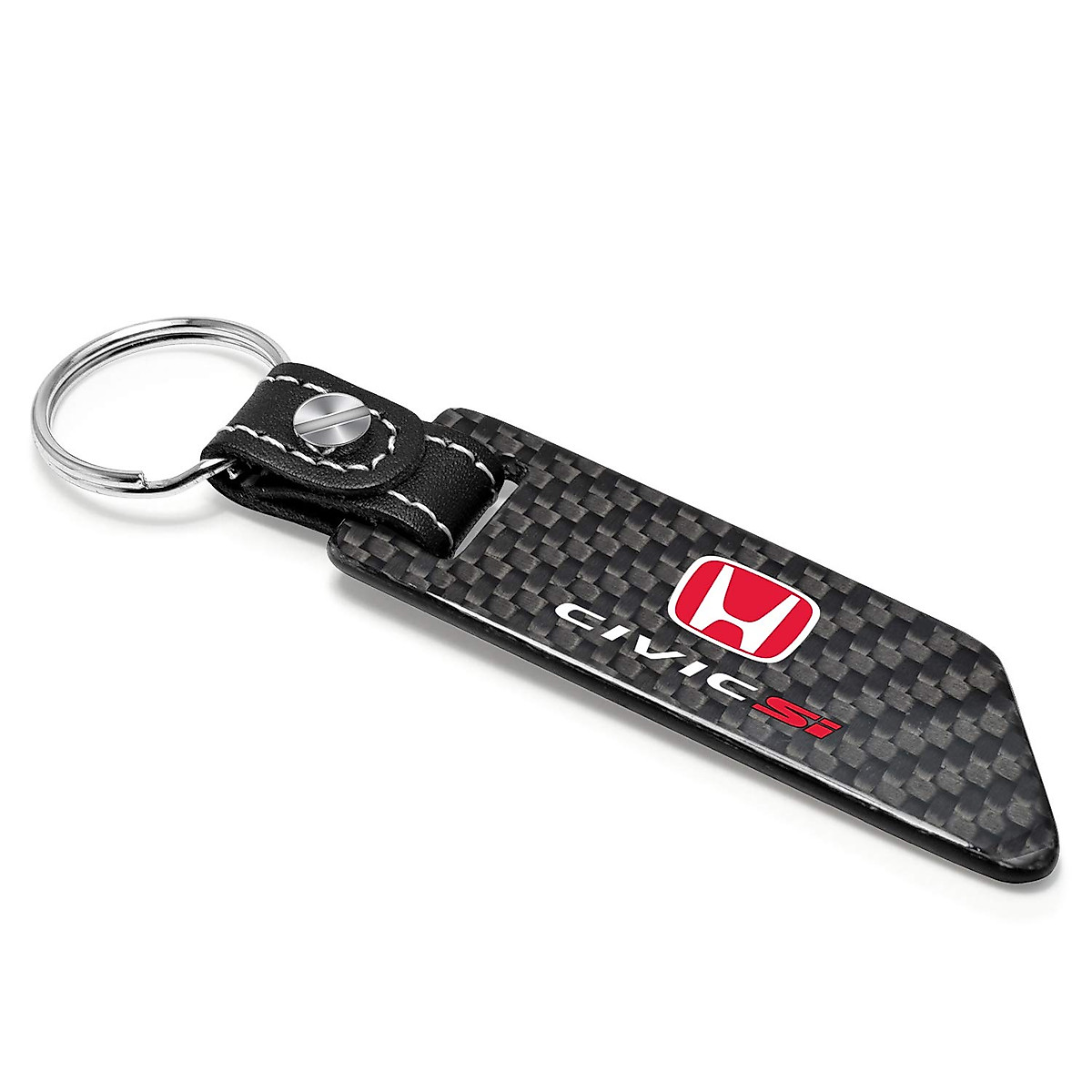 iPick Image for - Honda Civic Si Red Logo Real Carbon Fiber Blade Style with Black Leather Strap Key Chain