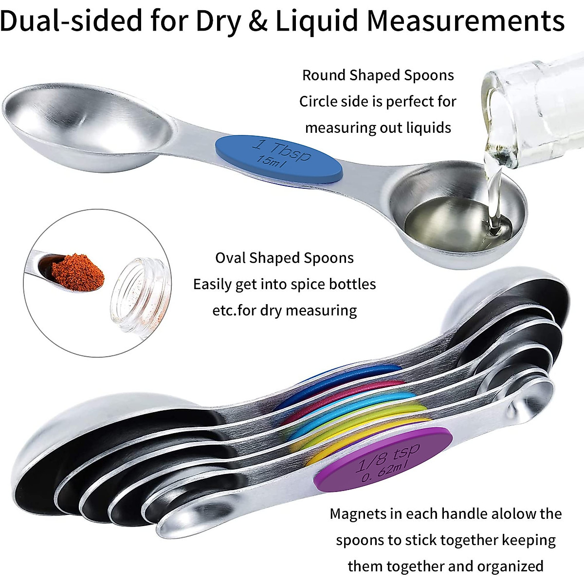 TILUCK measuring cups and magnetic measuring spoons set, stainless steel measuring cups, 6 double-sided stainless steel measuring spoons & 1 leveler (7+7)