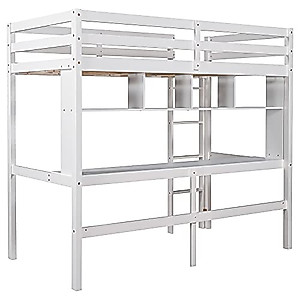 DEYOBED Twin Size Wooden Loft Bed Frame with Desk, Shelves for Kids Teens Adults