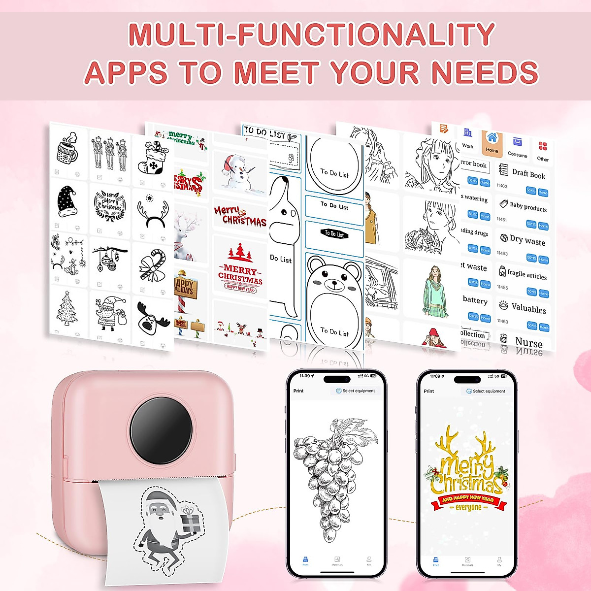 Mini Pocket Bluetooth Printer-Portable Thermal Printer with 5 Roll Papers for Journal/DIY Scrapbook/Travel/Notes/Lists/Label/Memo, Receipt Printer for Children Women Gifts Kids Christmas iOS&Android