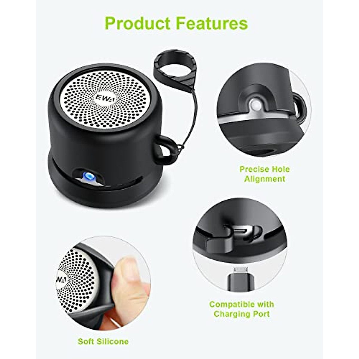 EWA Magnetic Silicone Case A106 Pro Portable Bluetooth Speaker for Shower, Room, Bike, Car (Black)