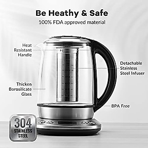 Mecity Electric Tea Kettle With Tea Infuser and Temperature Control Glass Tea Maker LCD Display Preset Brewing Programs For Tea Water Boiler 1.7L