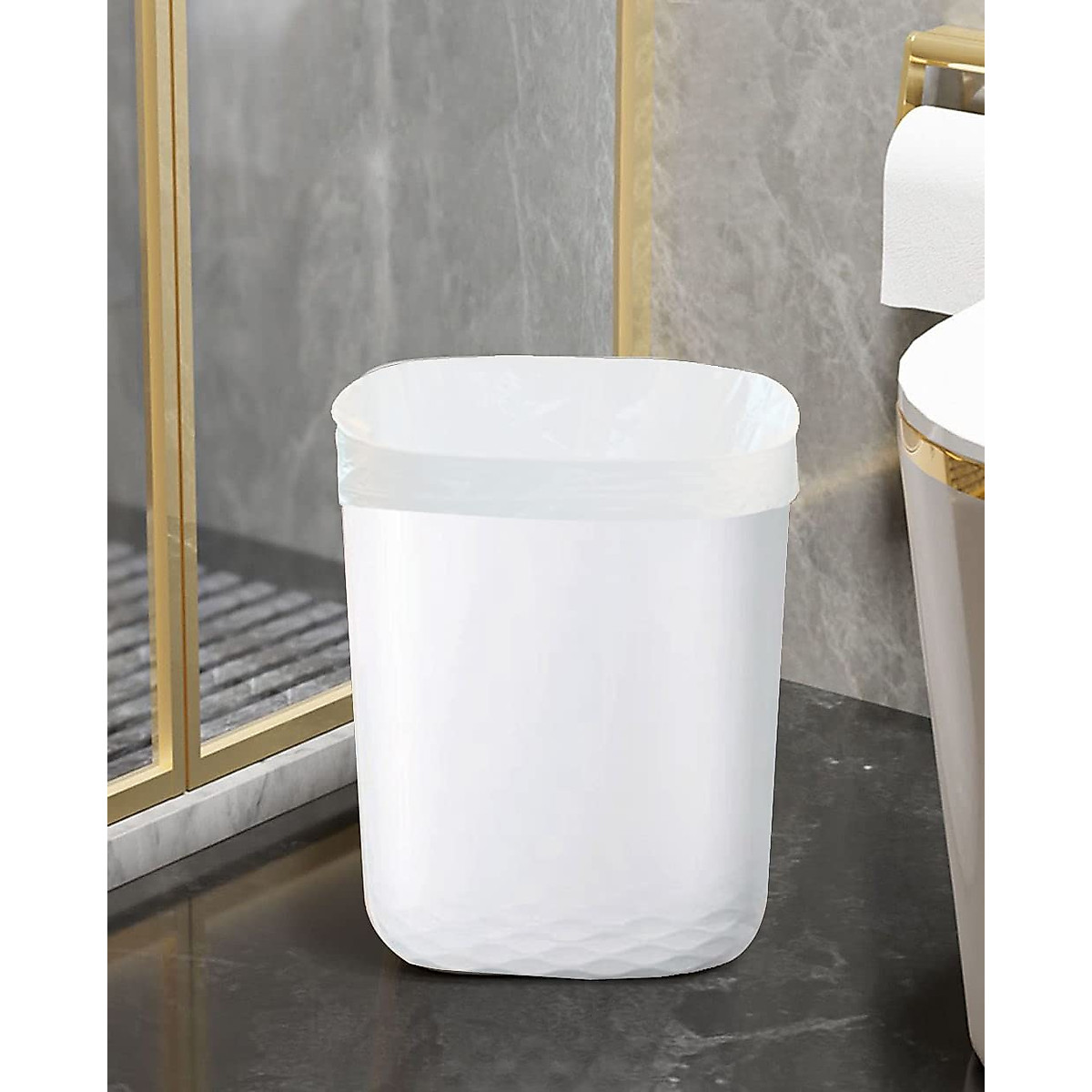 Feisco 2.4 Gallon Trash Can Wastebasket with 60 Counts of Trash Bag,Small Trash Can Garbage Container Bin for Bathroom Bedroom Kitchen Office (White)