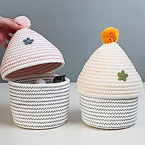 RNCOZE Small House Shaped Storage Basket, Handmade Cotton Rope Organizer Basket with Lid, Creative Snack Container Decorative Storage Bin for Living Room Bedroom Home Storage(Yellow)