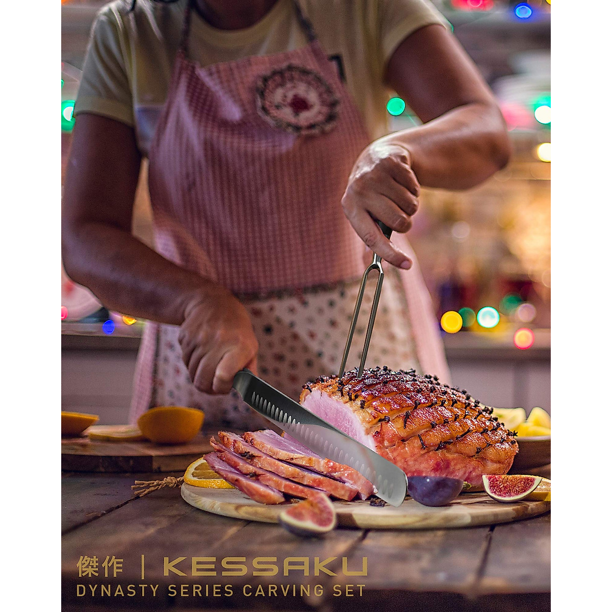 KESSAKU 12-Inch Carving Slicing Knife & 7-Inch Meat Fork Set - Dynasty Series - Forged ThyssenKrupp German HC Steel Granton Edge - G10 Resin Full Tang Handle with Blade Guard